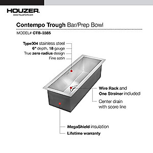 HOUZER CTB-2385 Contempo Trough Series Undermount Stainless Steel Prep Bar Sink, 21-by-6-1/2-Inch, Satin