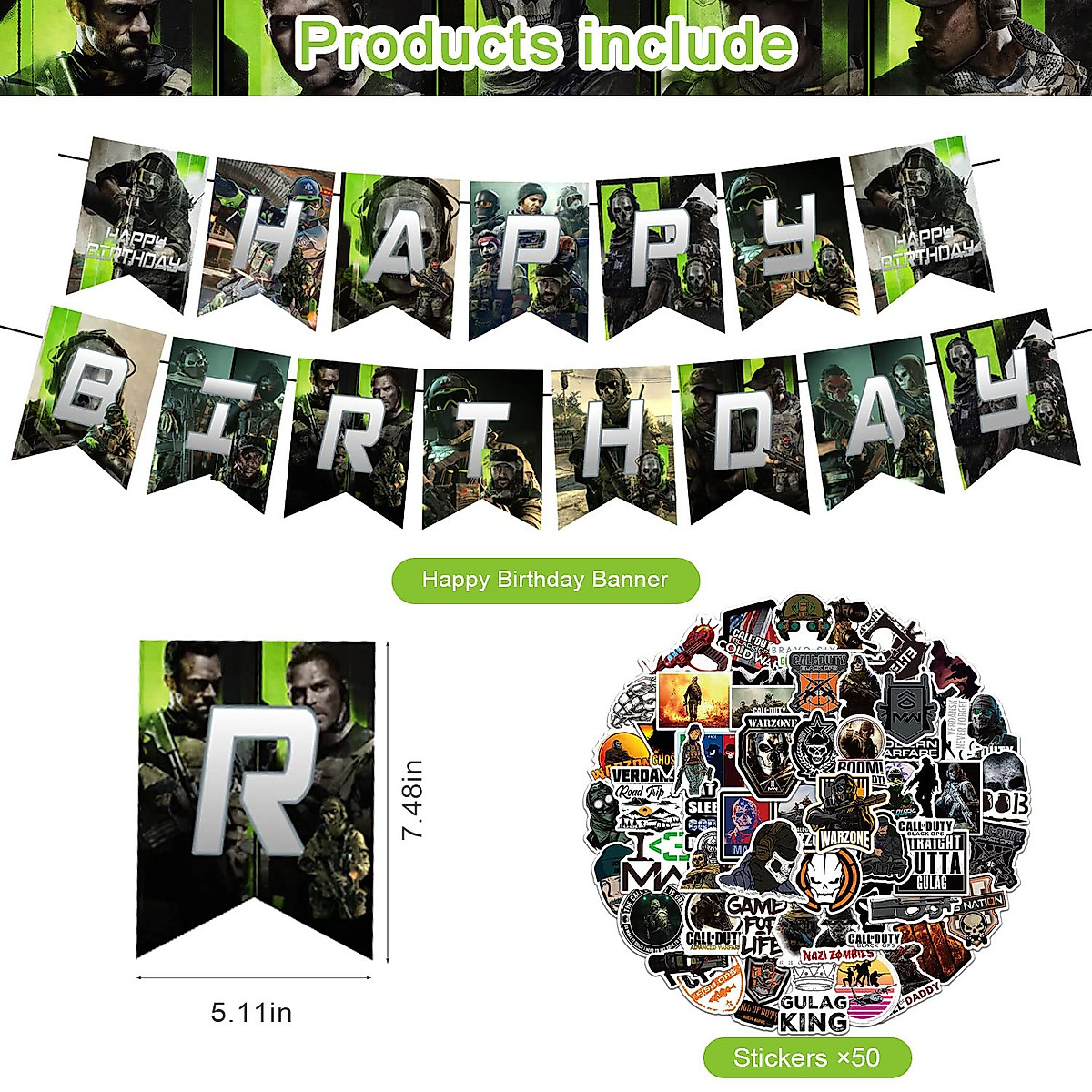 Gaming Theme Birthday Party Decorations,Call Of Du_ty Party Supply Set for Kids with 1 Happy Birthday Banner ,12 Cupcake Toppers ,18 Call Hero Balloons ,50 Stickers for Gaming Party Decorations