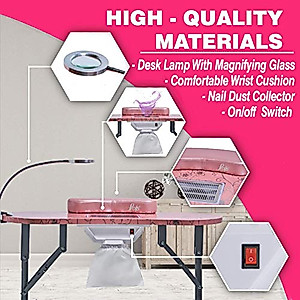 Portable Nail Table for Technician with Folding Function. Manicures Desk Perfect for Both Salon and Home with dust Collector Fan, and Magnifying Glass lamp (Pink)