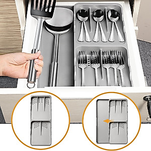 KAKUNM Expandable Utensil Organizer | Plastic Flatware Drawer Organizer, Flatware Drawer Tray for Silverware, Cutlery Holder With 6 Compartments Compact Storage Organization for Spoons Forks Knives