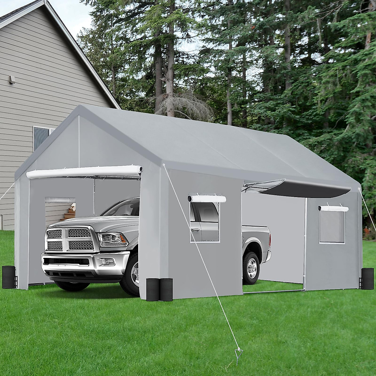 Garvee Carport, 10'x 20' Heavy Duty Carport Canopy with Semi-Auto Ventilated Windows & Roll-up Door w/Zipper, Portable Garage with Steel Frame and Waterproof UV-Treated Cover for Car, Boats, Truck