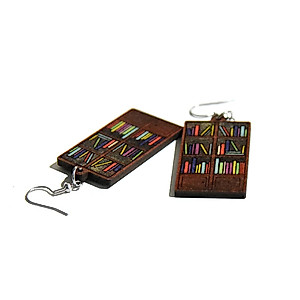 twinkle eye Double Sided Bookcase Wooden Earrings, Bookcase Dangle Earrings With Book Shelves Patterned Pendant Earrings, Gifts For The Beginning Of School Season