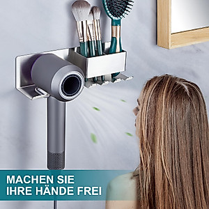 Hair Dryer Holder Wall Mounted, Blow Dryer Organizer, Hair Tool Organizer, Adhesive Blow Dryer Holder for Bathroom, Stainless Steel Hair Dryer Stand with Plug Hook & Storage Compartment