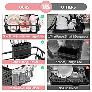 Urackify Dish Drying Rack for Kitchen Counter, Kitchen Dish Rack Black, Large Sink Dish Drainer Dryer Rack Small Space, Kitchen Dishes Strainer Drying Rack with Drain Board Cup Holder Cutlery Holder