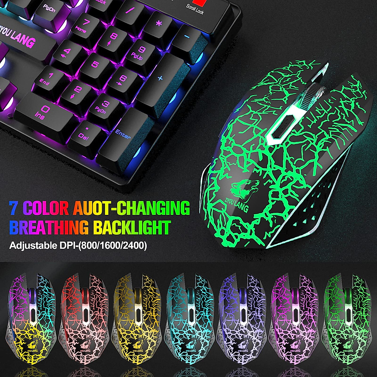 ZIYOU LANG Wireless Gaming Keyboard Mouse and Wired Headphone with Ergonomic 87Key Rainbow Backlight Rechargeable 3800mAh Battery Mechanical Anti-ghosting Mouse pad for PC Laptop Gamer Typist(Black)