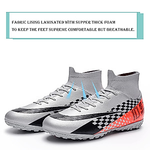 WINGFAI Men's Soccer Shoes Cleats Professional High-Top Breathable Athletic Football Shoes Outdoor/Indoor Professional Futsal Football Training Sneakers Silver 4 US