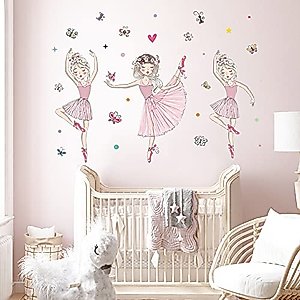 3 Pink Ballerina Baby Girls Wall Stickers, ULENDIS Removable Lovely Ballet Girls with Butterfly Wall Decals, Little Princess Wall Art Decor for Girls Bedroom Living Room Dance Room