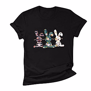 Follure Fashion Easter Day T-Shirt For Women Floral Rabbit Print Short Sleeve Crop Tops Crew Neck Cute Bunny Casual Blouse