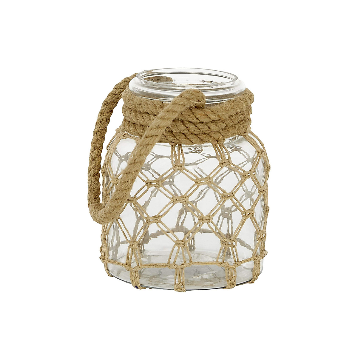The Novogratz Glass Decorative Candle Lantern with Rope Handle, 7" x 8" x 9", Clear