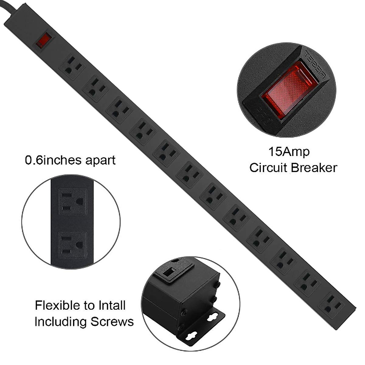 Metal Wall Mount Power Strip, Mountable Power Outlet with 12 AC Outlets, Aluminum Alloy Mount Power Socket with Switch, 6 FT SJT 3/C 14AWG Power Cord, 15A 125V 1875W (12AC) Black