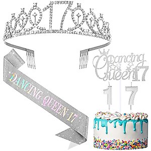 Crowye 17th Dancing Queen Gifts Dancing Queen 17 Cake Topper 17th Tiara Crown Sash Candles 17 Birthday Decorations for Party Accessories(Silver)