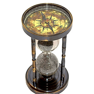 Hassanhandicrafts Antique Brass & Glass Black Sand Timer Hourglass Nautical Maritime SandTimer Compass on Both Side CompassCollectible, Shelf Desk Decor