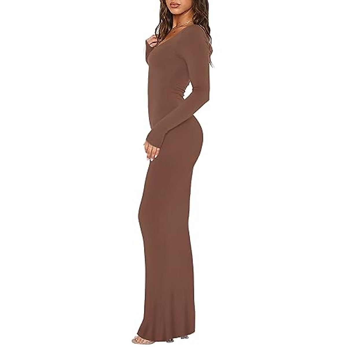 REORIA Women's Sexy Casual Scoop Neck Long Sleeve Lounge Long Dress Elegant Fall Wedding Guest Tight Ribbed Bodycon Maxi Dresses Coffee Small