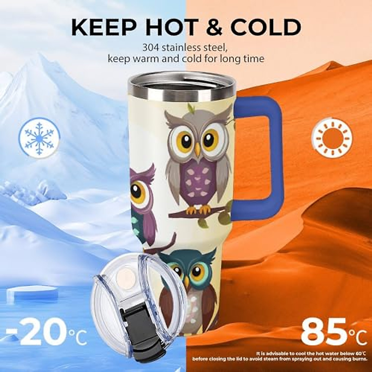 LLUTSNTH 40 Oz Vacuum Tumbler with Deep Blue Handle Leakproof Insulated Tumbler Owls Birds Stainless Steel Travel Mug with Lid And Straw Coffee Cup Cute Water Bottles Cup Holder Friendly
