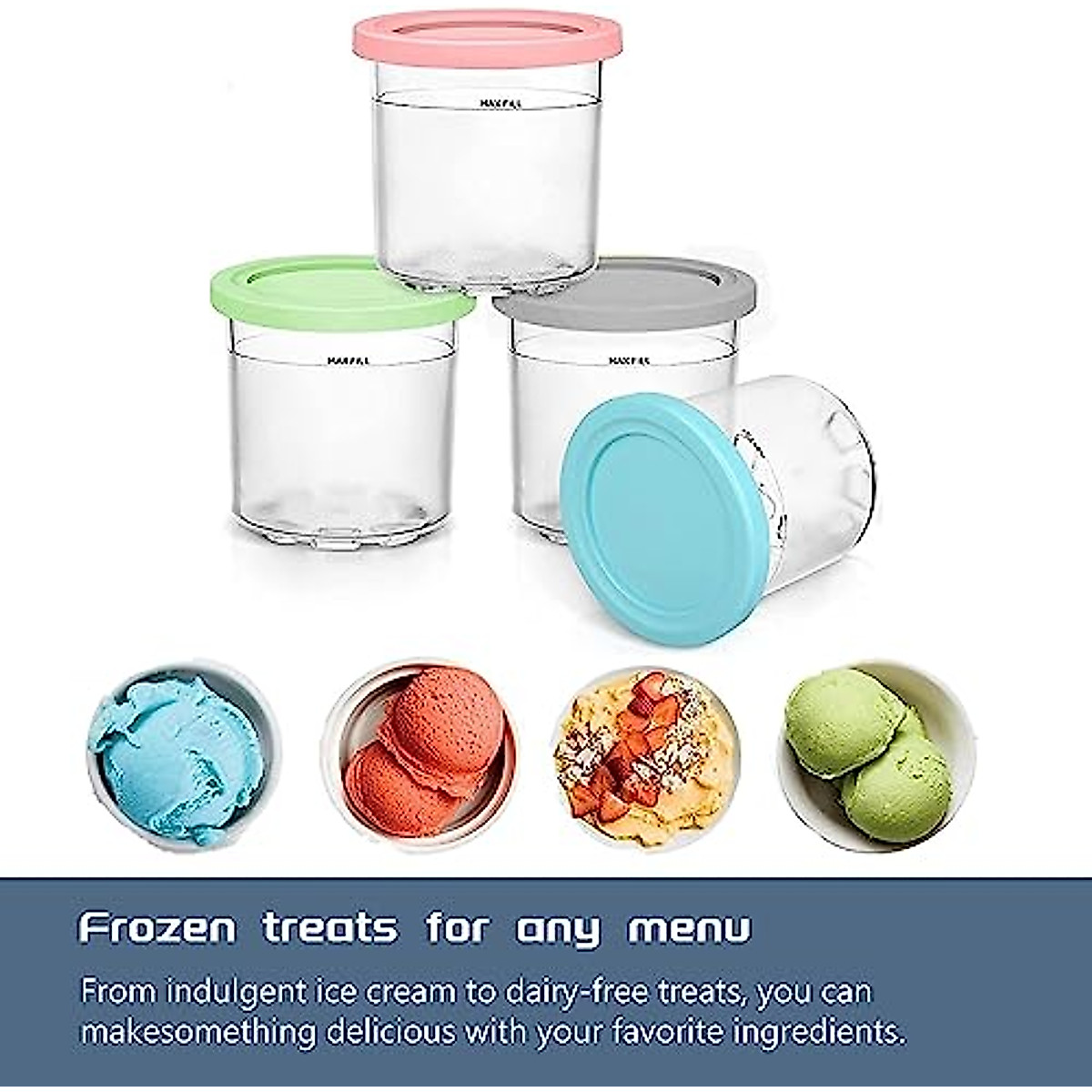 Aebitsry Containers Replacement for Ninja Creami Pints and Lids - 4 Pack, 16oz Cup Compatible with NC301 NC300 NC299AMZ Series Ice Cream Maker, BPA Free Dishwasher Safe Leak Proof, Pink/Green/Grey/Blue