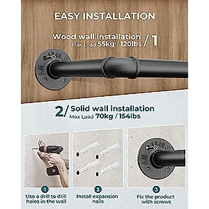 OROPY Clothes Rack, 65.7" Industrial Pipe Clothing Rack 2 Pack for Clothes, Wall Mounted Heavy Duty Space Saving Garment Rack for Closet Storage, Black, 3 Base