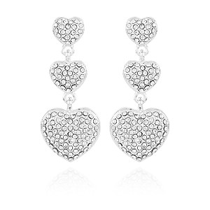 GUESS Silvertone Triple Pave Crystal Glass Stone Heart Linear Dangle Drop Earrings