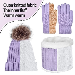 Kids Winter Knit Beanie Hat Scarf and Gloves Set for Girls Boys Warm Thick Fleece Lined Thermal Purple Skull Cap Mittens Infinity Scarf Neck Warmer with Pompom for 6-10 Years Old Baby Toddler Children
