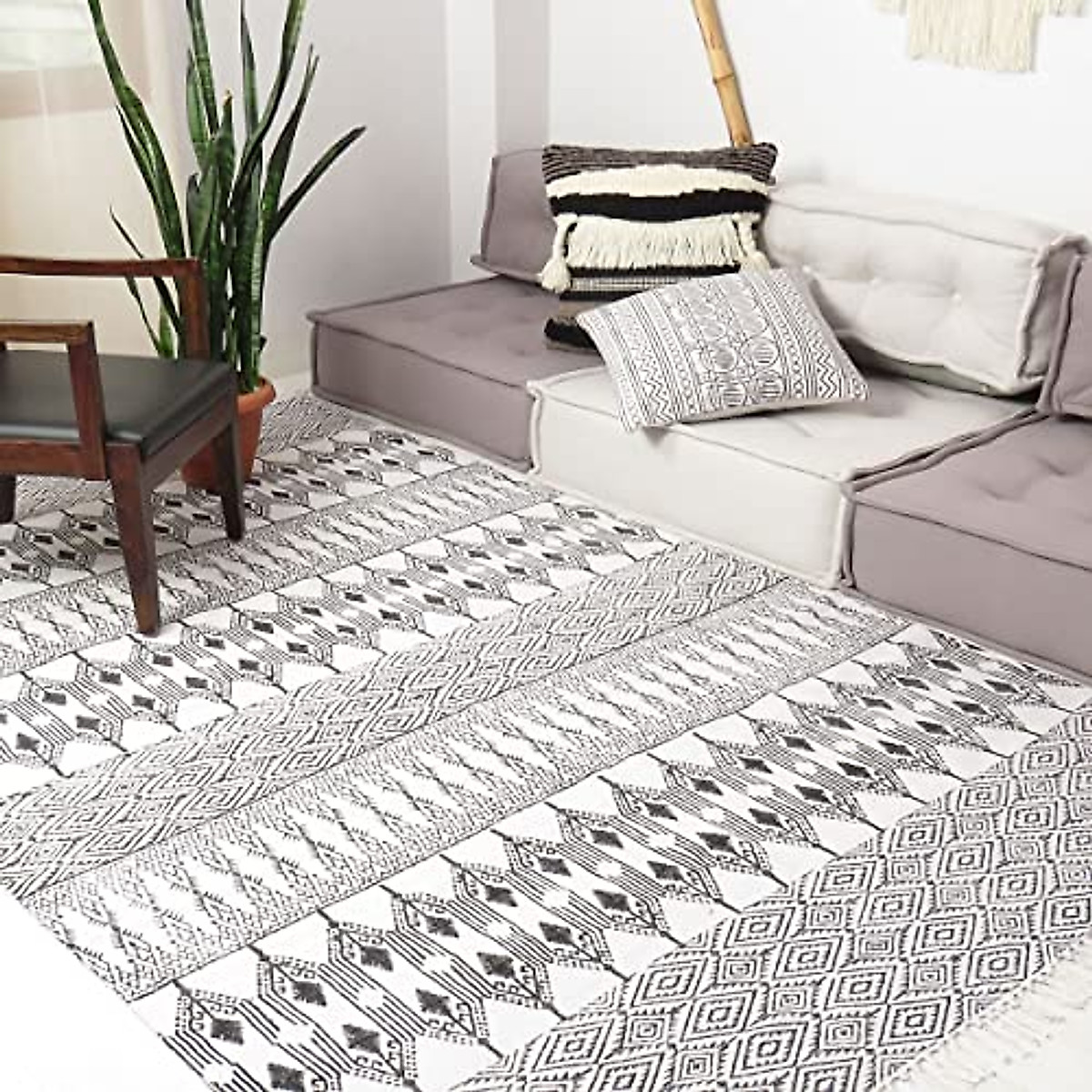 Eyes of India - 4 X 6 ft Off-White Black Cotton Block Print Area Dhurrie Rug Flat Weave Hand Woven Tassel Boho Chic Indian Bohemian Accent Handmade Handwoven