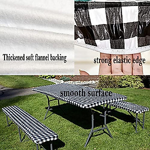 wagude Rectangle Vinyl Camping Picnic Table Cover + Benches 3-pc Set,30x72'' (6-FT) Flannel Backing Elastic Waterproof Wipeable Black/White Checkered Plastic Tablecloth for Indoor Outdoor Patio Park