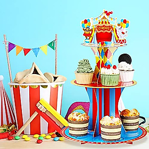 Zopeal Carnival Theme Cupcake Holder 3 Tier Circus Cardboard Cupcake Stand Circus Tent Cake Stand Dessert Tower Holder for Carnival Circus Themed Birthday Party Decoration Supplies