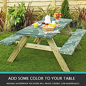 Capslpad 6 ft Picnic Table Cover with Bench Covers with Elastic Edges Waterproof Polyester Tablecloth with Seat Covers for Picnic Table Bench Camping Indoor Outdoor Patio Garden,Tropical Palm Leaves