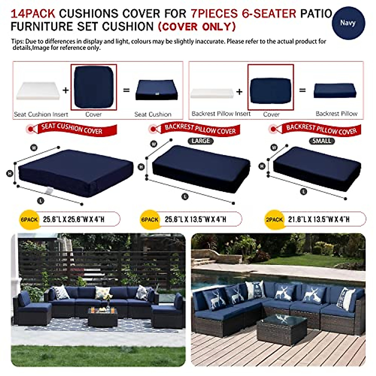 14 Pack Outdoor Patio Cushions Replacement Covers Fit for 7 Pieces 6-Seater Wicker Rattan Furniture Conversation Set Sectional Sofa Cushion Pillow,Water-Resistant Durable Fadeless,Navy-Covers Only
