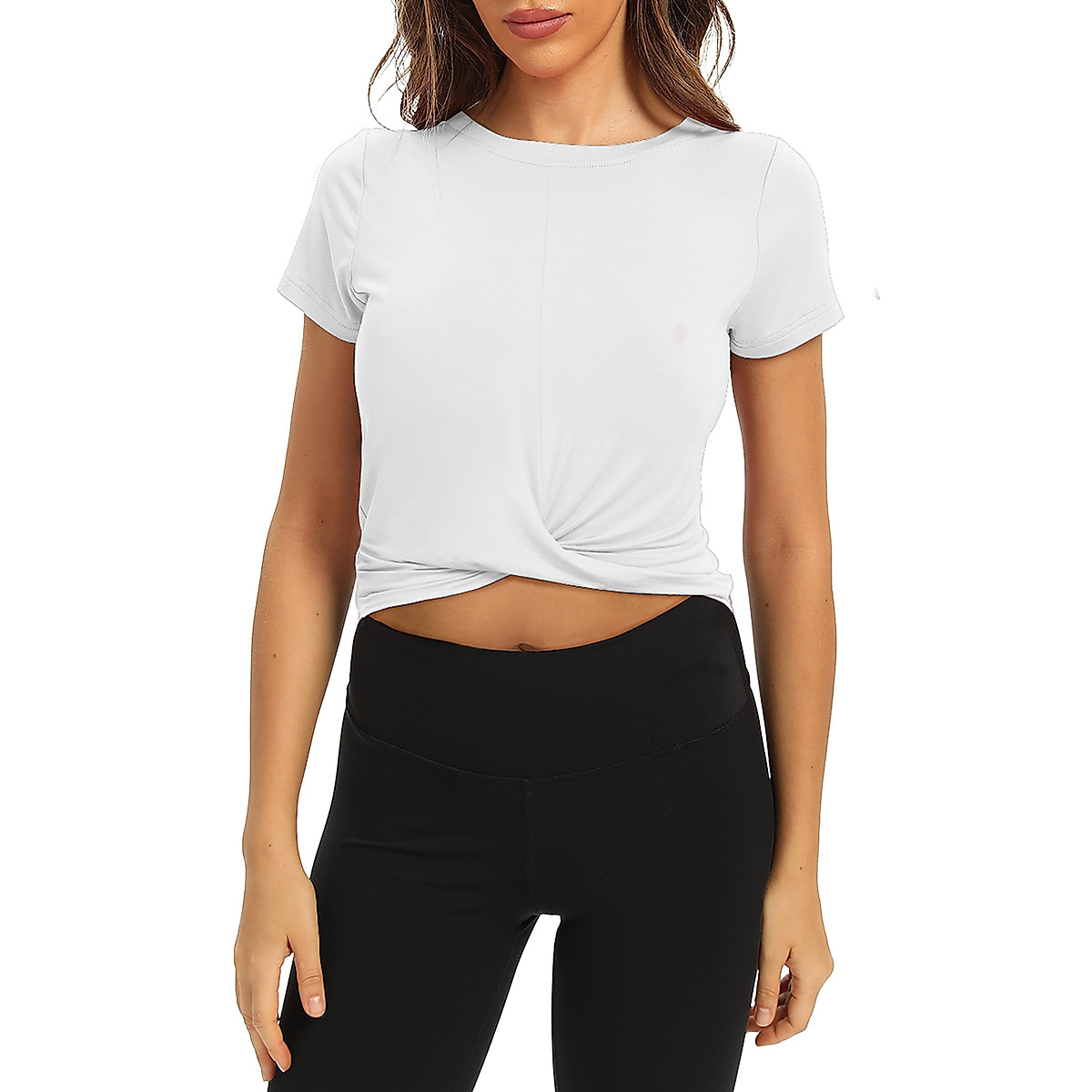 Bestisun Workout Front Cross Crop Tops for Women Short Sleeve Dance Running Cropped Shirt Gym Yoga Workout Crop Tops for Women White M
