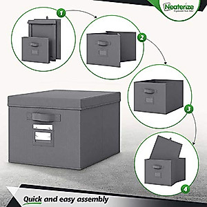 NEATERIZE Storage Bins With Lids and Labels (Set of 4) - Heavy-Duty Empty Fabric Storage Organizers with Removable Lids & Dual Handles. Great For Photos, Toy box, Linen Closet, Clothes (33 QT - Grey)
