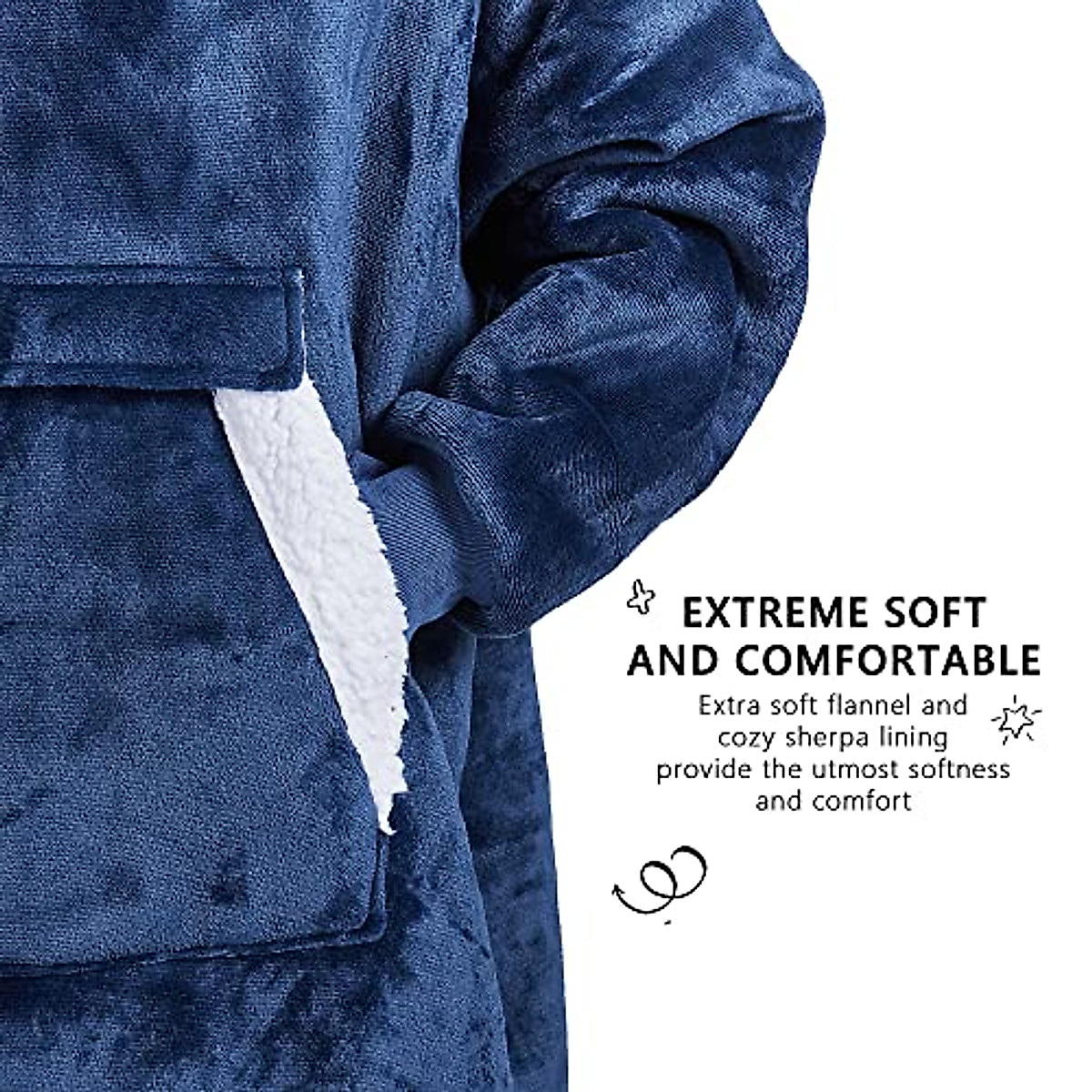 Ashago Wearable Blanket Hoodie for Adult Oversized Sherpa Blanket Sweatshirt Hoodie with Sleeves and Giant Pocket Gifts for Women Men（Blue）