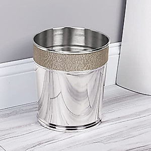 mDesign Decorative Round Small Trash Can Wastebasket, Garbage Container Bin for Bathrooms, Powder Rooms, Kitchens, Home Offices - Polished Stainless Steel with Woven Metallic Textured Accent