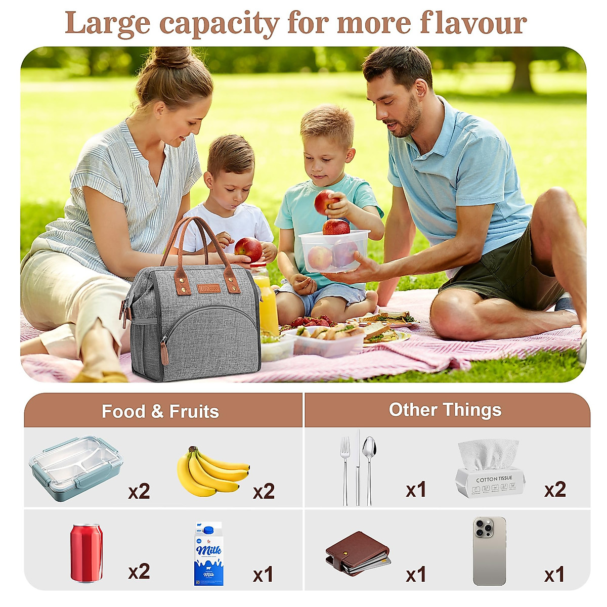 LOKASS Lunch Bag Women Insulated Lunch Box Wide-Open Lunch Tote Bag Large Drinks Holder Durable Nylon Thermal Snacks Organizer for Men Adults College Work Picnic Hiking Beach Fishing,Grey