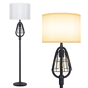 Farmhouse Floor Lamp with Night Light - Modern Standing Lamp for Living Room, 2-Light Industrial Tall Lamp with White Drum Shade, Black Pole Light & Stand up Lamp for Bedroom Office,Home, Reading