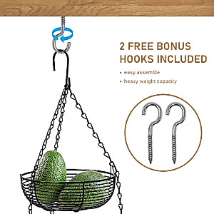 CAXXA 3-Tier Hanging Basket Fruit Organizer Kitchen Heavy Duty Wire Organizer with 2 Free Bonus Metal Ceiling Hooks, Black