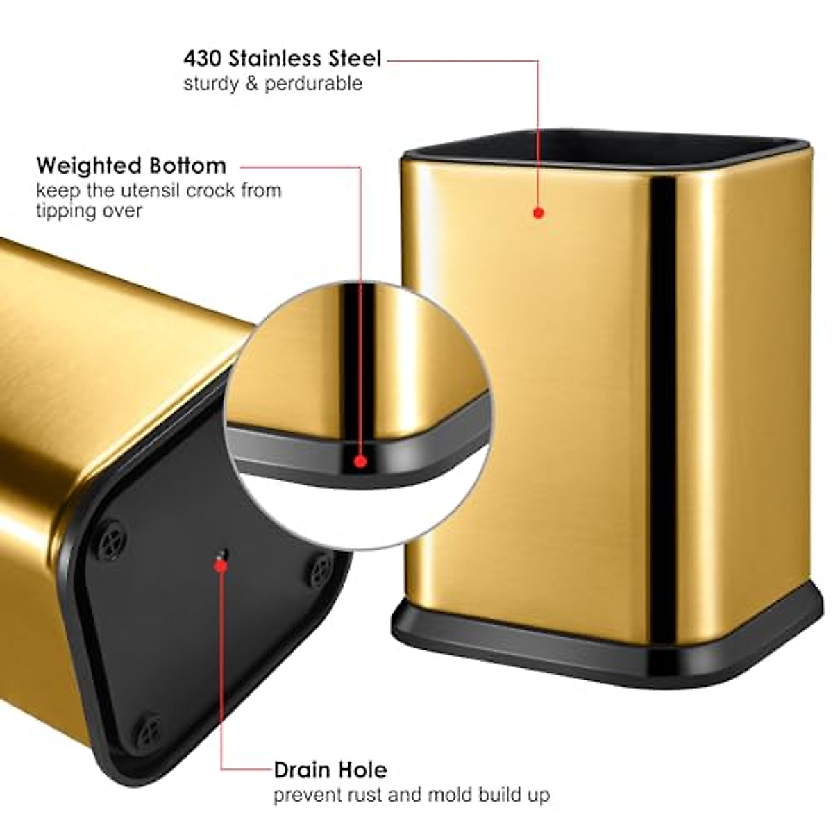 RedCall Stainless Steel Kitchen Utensil Holder for Countertop, Spoon Spatula Organizer,Modern Rectangular Large Cooking Utensil Caddy Counter,Utensil Crock (Stainless Steel Gold)