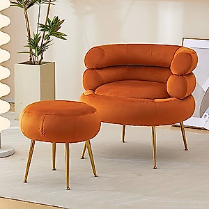(77 x 72 x 72) Cm(L x W x H) Orange Elvet Accent Chair with Arms for Living Room, Modern Single Sofa Armchair with Ottoman Upholstered Reading Club Chair for Bedroom Office Decorative