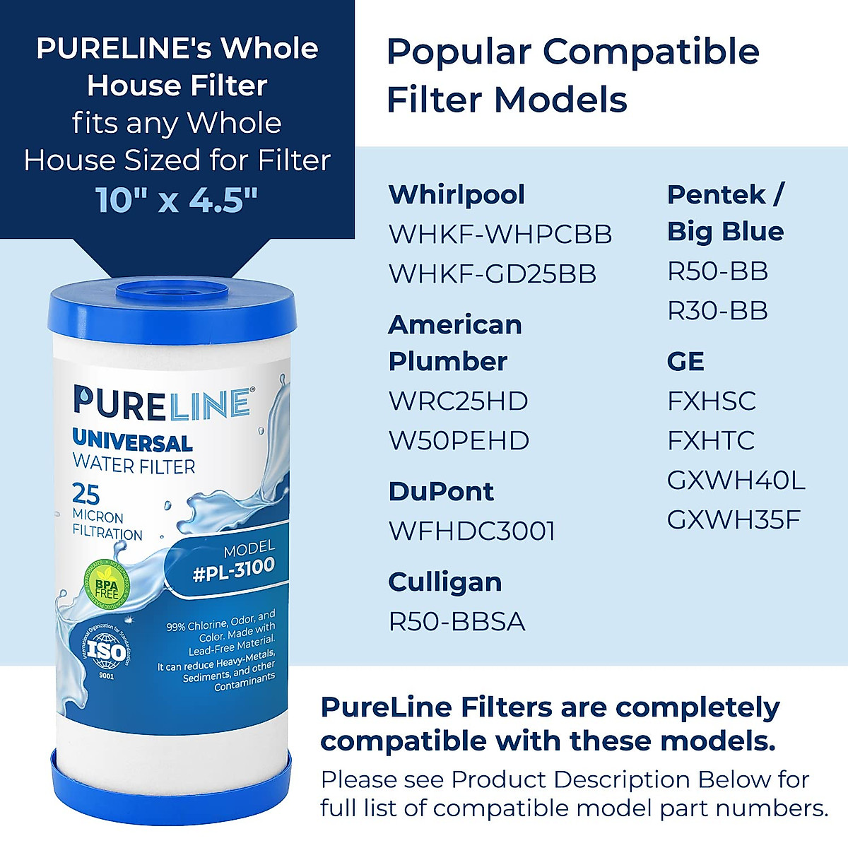 Pureline FXHTC 25 Micron 10" x 4.5" Replacement for GE FXHTC, GXWH40L, Culligan RFC-BBSA, W50PEHD, GXWH40L, GXWH35F, GNWH38S, DuPont WFHD13001, Pentair Pentek R50-BB, NSF 372 and NSF 42 Certification