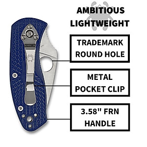 Spyderco Ambitious Lightweight Pocket Knife - SpyderEdge Stainless Steel Blade with Blue Bi-Directional Textured FRN Handle - An Everyday Carry Folding Knife - C148SBK
