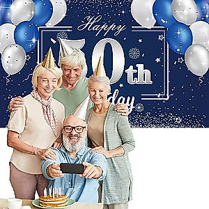 50th Birthday Decorations Banner Men, Blue Silver Happy 50th Bday Decorations for Men, 50th Birthday Decorations Men Blue, 50 Year Old Photography Background