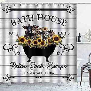 Dia Magico 4PCS Funny Cow Shower Curtain Set, Yellow Sunflower Floral Green Botanical Bull Cattle Farm Animal Country Rustic Farmhouse Bathroom Decor, Fabric White Shower Curtain, Non-Slip Bath Mat