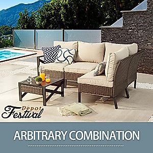 Festival Depot 1 Pc Patio Wicker Rattan Sectional Corner Sofa Seat Outdoor Chair Furniture with Thick Cushions and Metal Frame for Deck Porch Poolside Garden