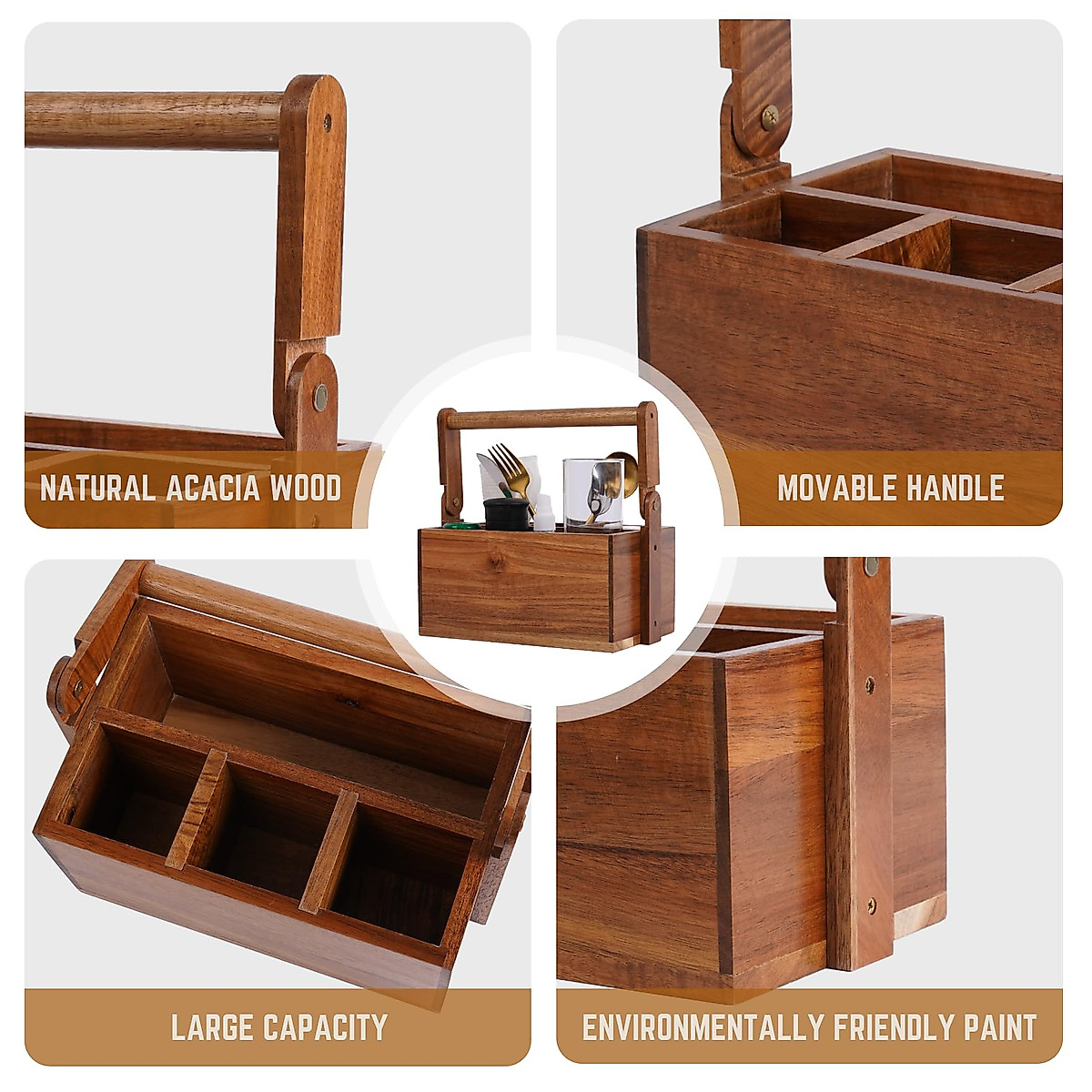 Mowsug Acacia Wood Silverware Caddy with Handle| Wooden Utensil Holder and Organizer with 4 Compartments| Cutlery Caddy Utensil holder for countertop| Ideal for Parties, Picnics, Outdoor Camping