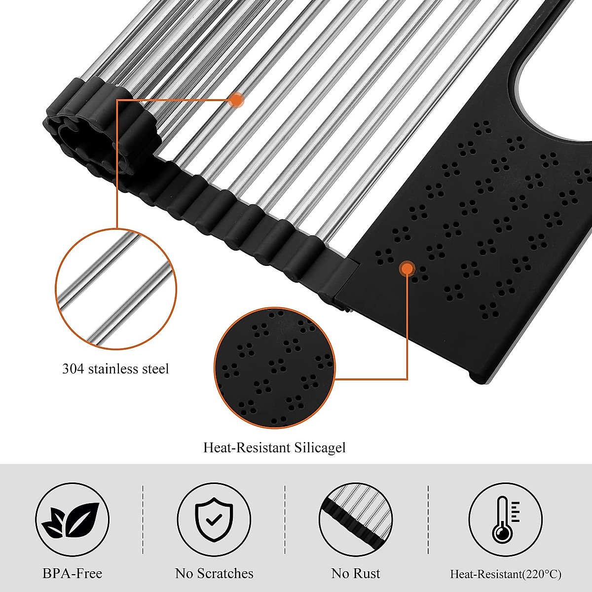 BRAQ Roll Up Dish Drying Rack 17.32" x 14.56" Portable Stainless Steel Sink Rack with 1 Storage Baskets Over The Sink Dish Drying Rack for Kitchen Dishes Cups