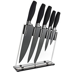 Luxhomewares 6 Piece Knife Set | 5 Beautiful Black Titanium Knives with Block Sharp Kitchen Sets Multiple Size, All Purpose 8 inch Chef, Bread, & Carving Utility Paring