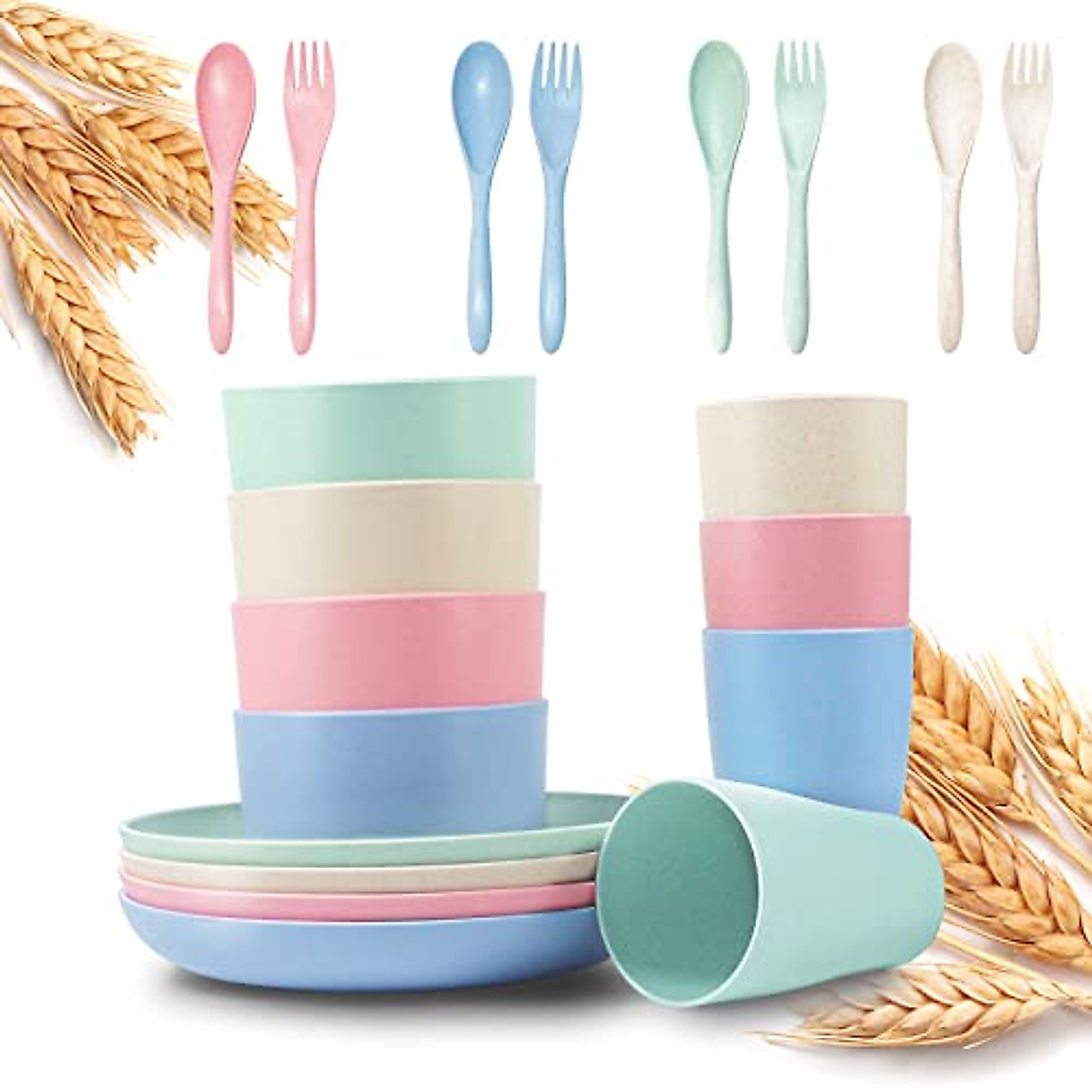 Plastic Plates and Bowls Sets, 20pcs Wheat Straw Dinnerware Sets, Kitchen Plates Cups and Bowls Set, Camping Reusable Plates and Bowls Sets, TIMDAM Lightweight Bowls, Unbreakable Dinner Plates