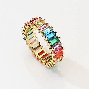Michooyel Eternity Rainbow Ring Band Ring for Women 18K Gold Plated Baguette Multicolor Cubic Zirconia Eternity Ring