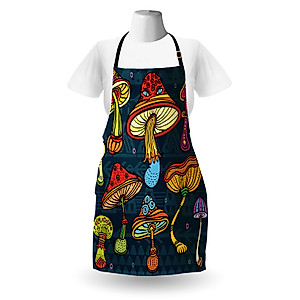 Lunarable Mushroom Apron, Mushrooms Ornate Doodles Swirls Eyes Psychedelic Botany and Growth, Unisex Kitchen Bib with Adjustable Neck for Cooking Gardening, Adult Size, Dark Teal