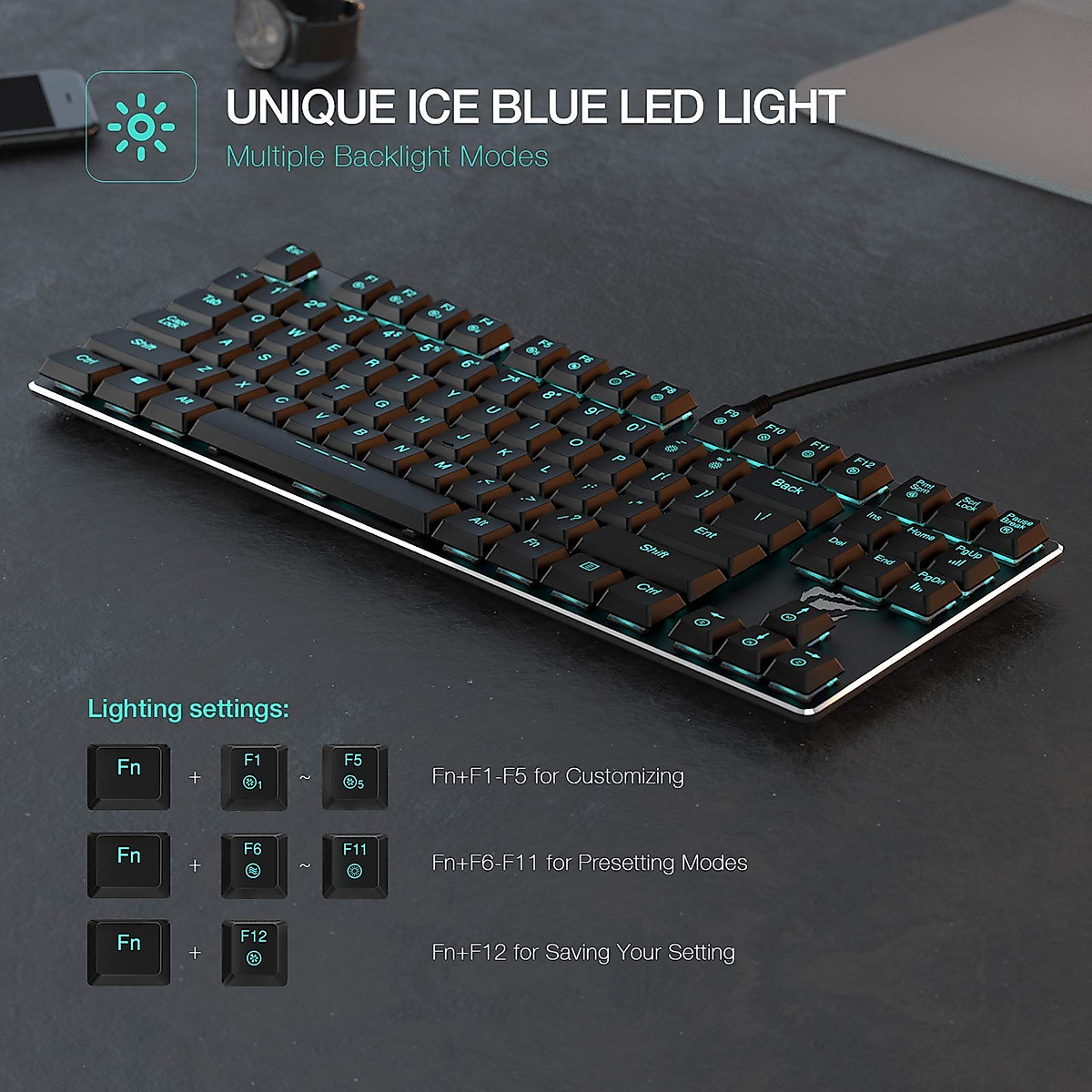 Mechanical Keyboard HAVIT Backlit Wired Gaming Keyboard Extra-Thin & Light, Kailh Latest Low Profile Blue Switches, 87 Keys N-Key Rollover (Black) (Renewed)