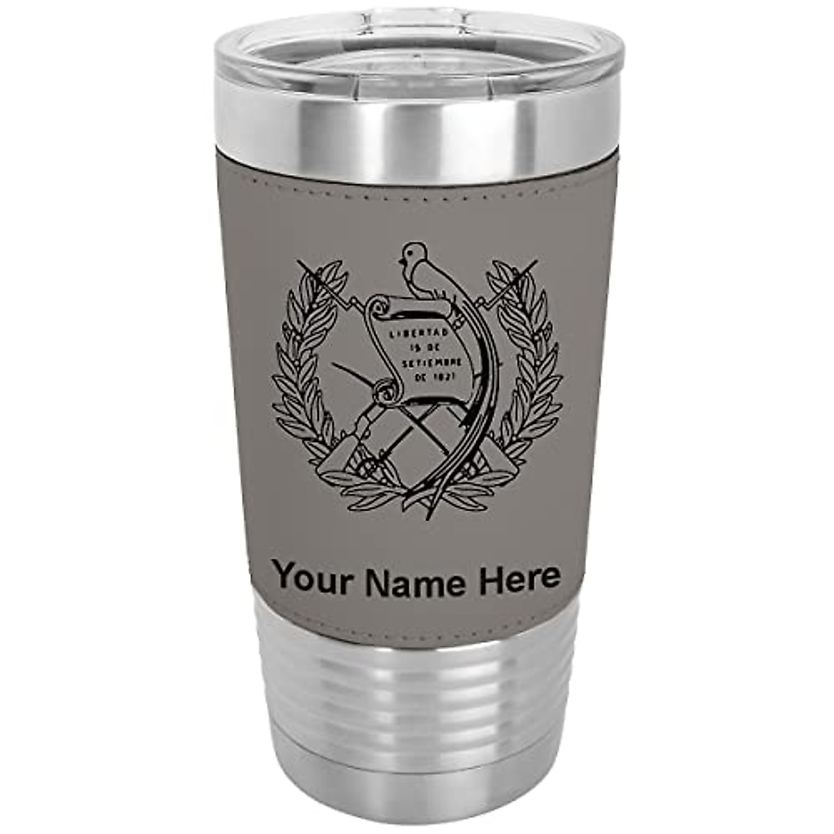 LaserGram 20oz Vacuum Insulated Tumbler Mug, Flag of Guatemala, Personalized Engraving Included (Faux Leather, Gray)