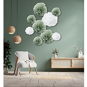 9PCS Dusty Sage Green White Large Tissue Paper Pom Poms Flower Wall Hanging Backdrop Centerpieces for Botanical Greenery Baby Shower Gender Reveal Bridal Shower Wedding Birthday Nursery Garden Décor